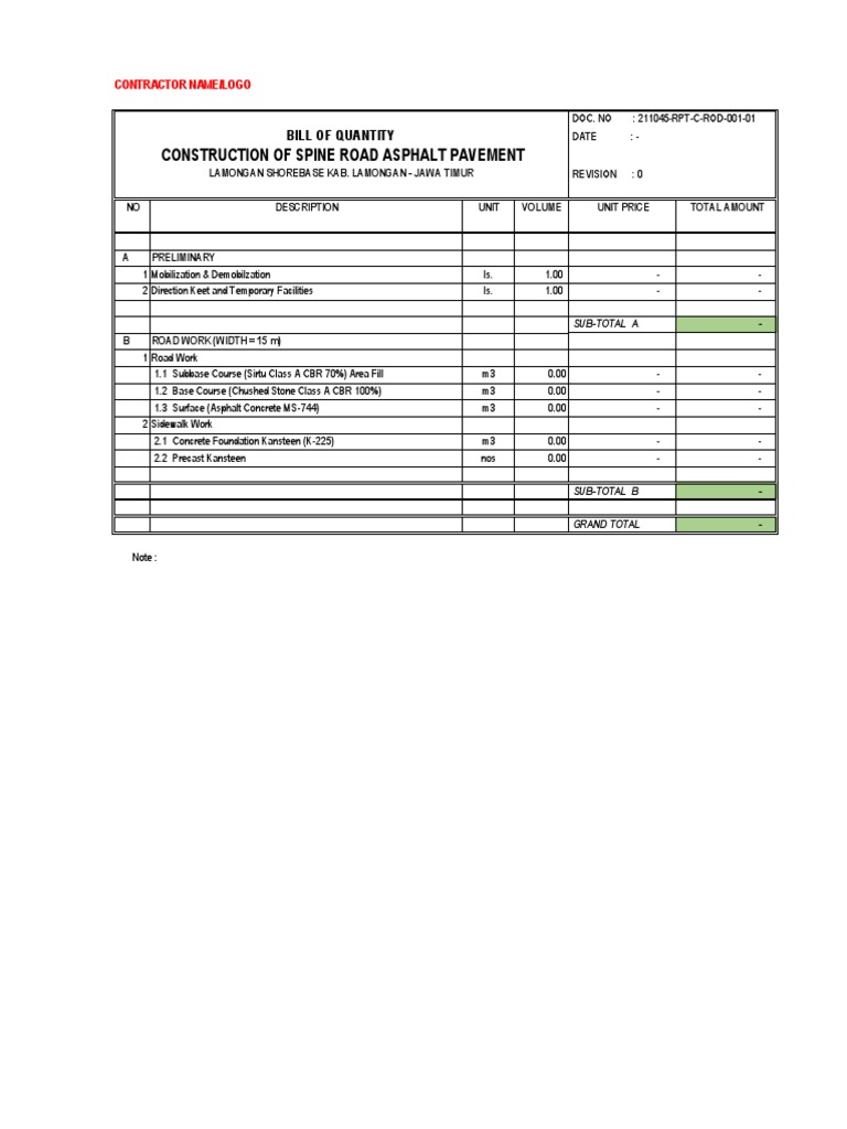 Bill of Quantities for Spine Road Construction | PDF