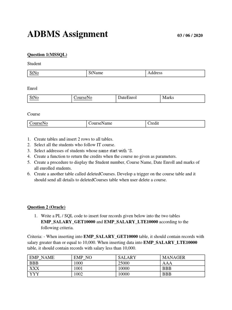 ADBMS Assignment Final | PDF | Table (Database) | Pl/Sql ADBMS Assignment Final | PDF | Table (Database) | Pl/Sql