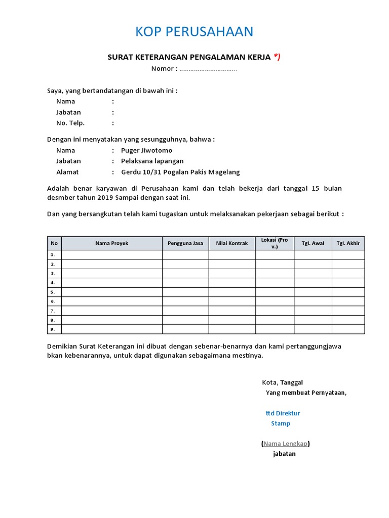 FORM PENGALAMAN KERJA SKK Jenjang 1-9 | PDF