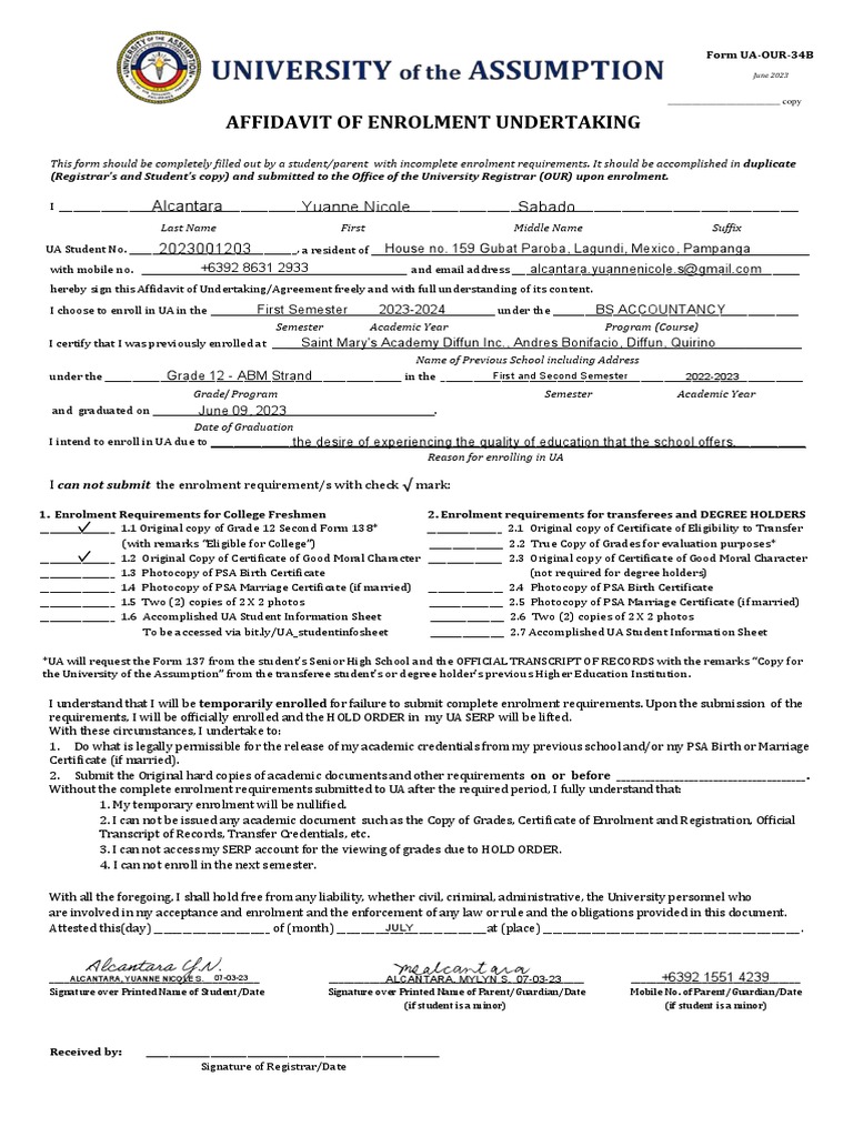 Affidavit of Enrolment Undertaking June 2023 | PDF | Birth Certificate