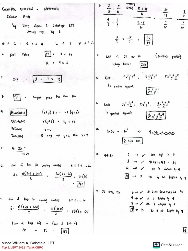 M2023 GenEd Math Solution Sheets X Vince Cabotaje CBRC | PDF