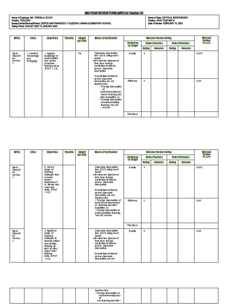 Mid-Year Review Form (MRF) For Teacher I-Iii | PDF | Teachers | Learning