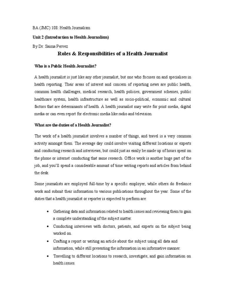 Health Journalist Roles and Responsibilities | PDF | Communication | News