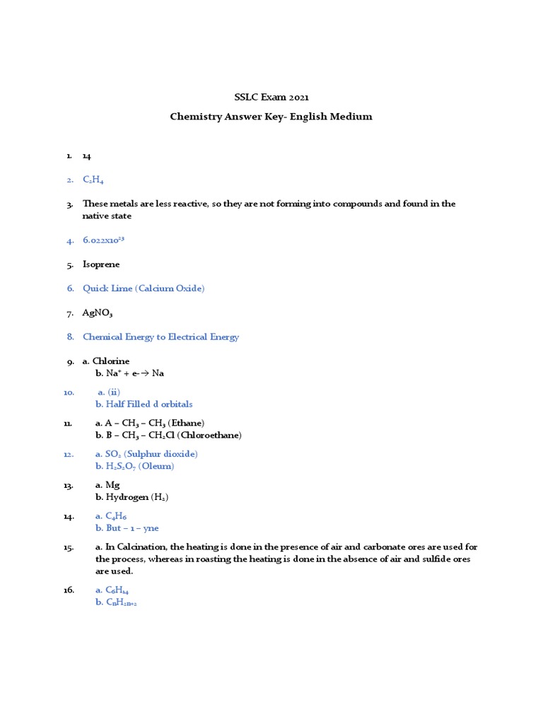 SSLC Exam 2021 Chemistry Answer Key (English Medium) | PDF | Chemical ...