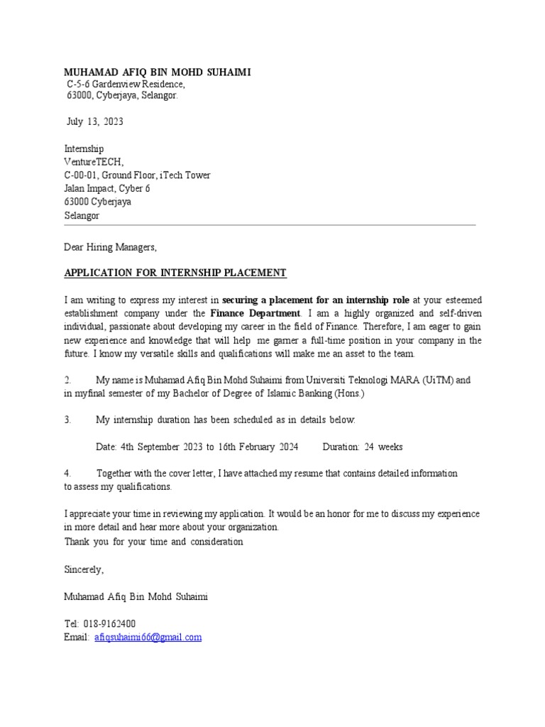 Finance Internship Application Letter | PDF