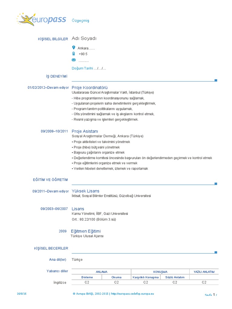 Europass CV Ornek | PDF