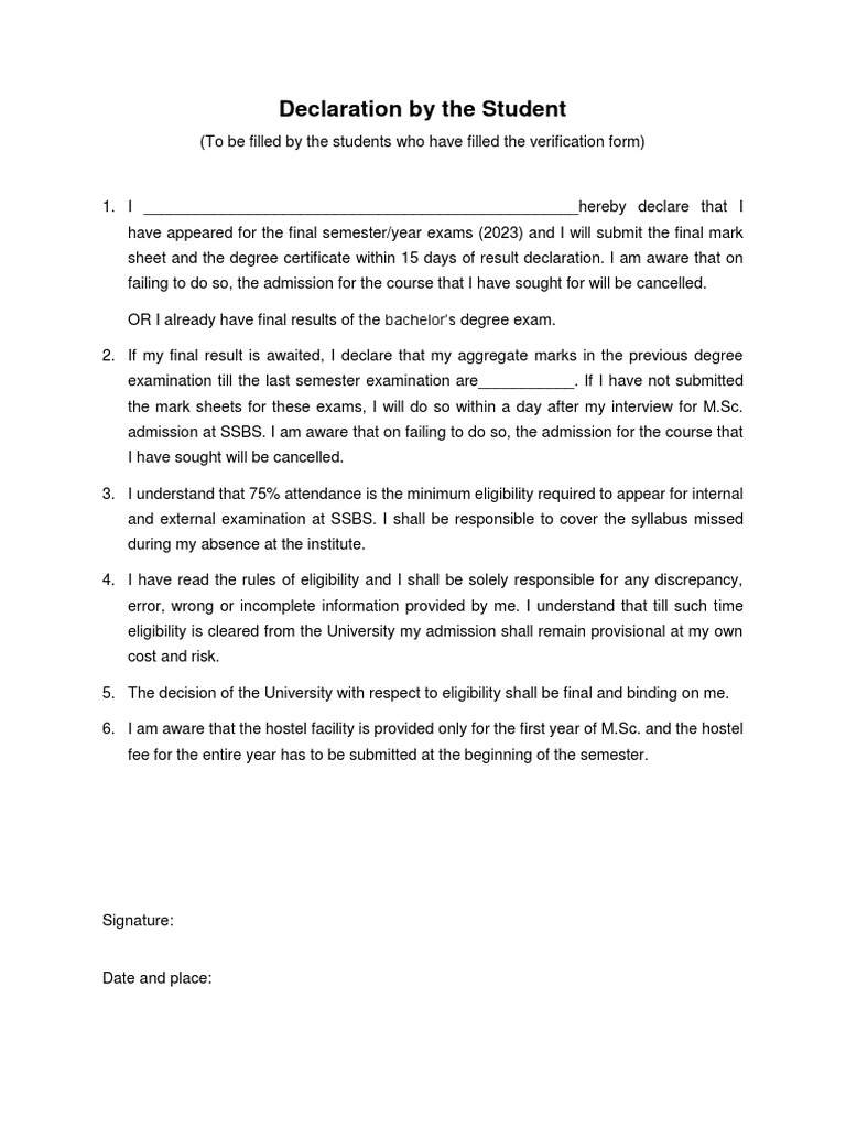 Student Declaration for Admission | PDF