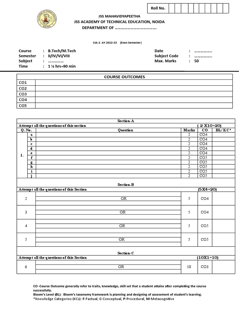 Sample Paper For CIA-2 Even Sem 3and 4th Year (2022-2023) FINAL | PDF | Learning | Behavior ...
