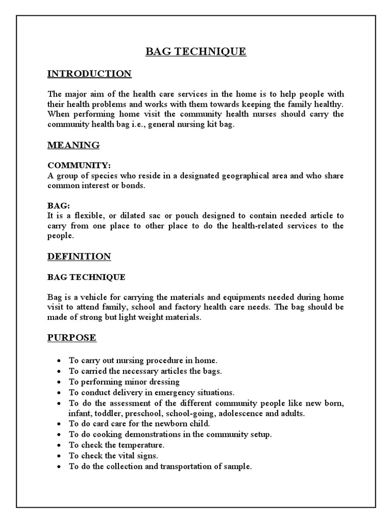 Overview of Bag Technique in Nursing | PDF | Home & Garden | Wellness