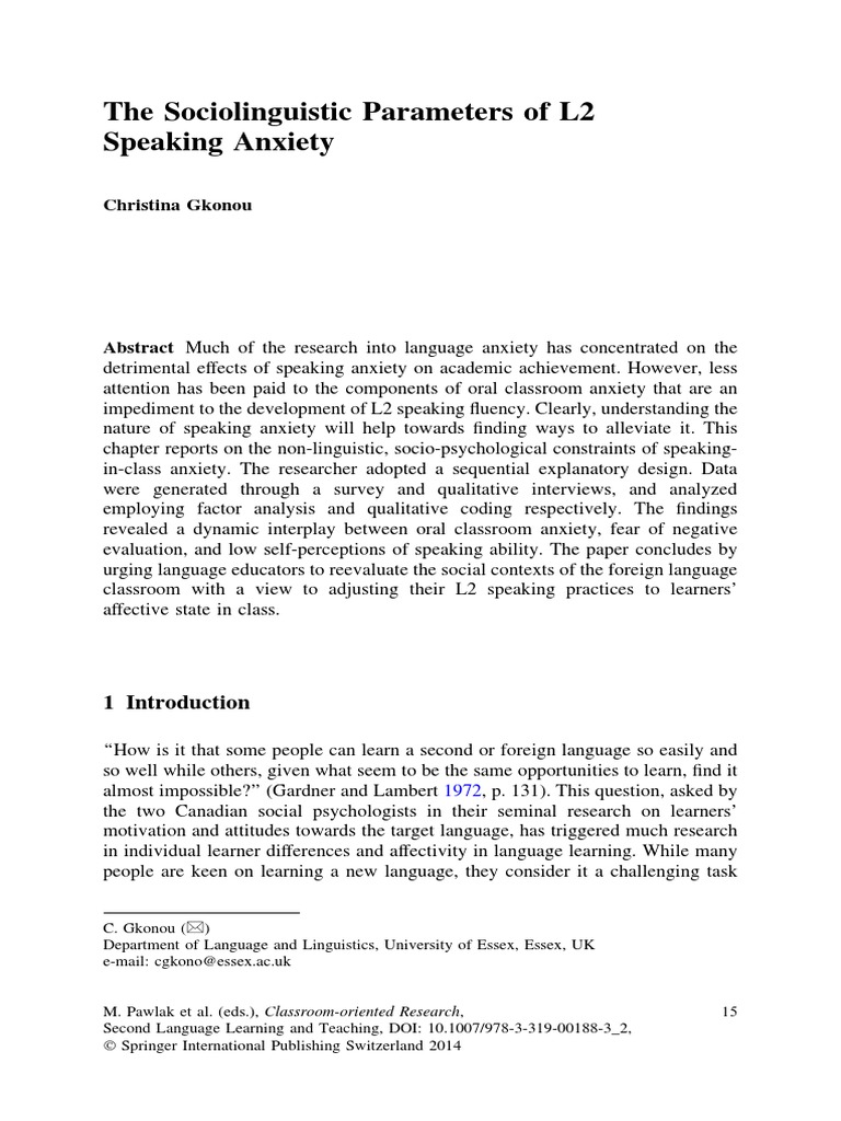 Gnokou 2013 The Sociolinguistic Paramters Of L2 Speaking Anxiety Pdf English As A Second