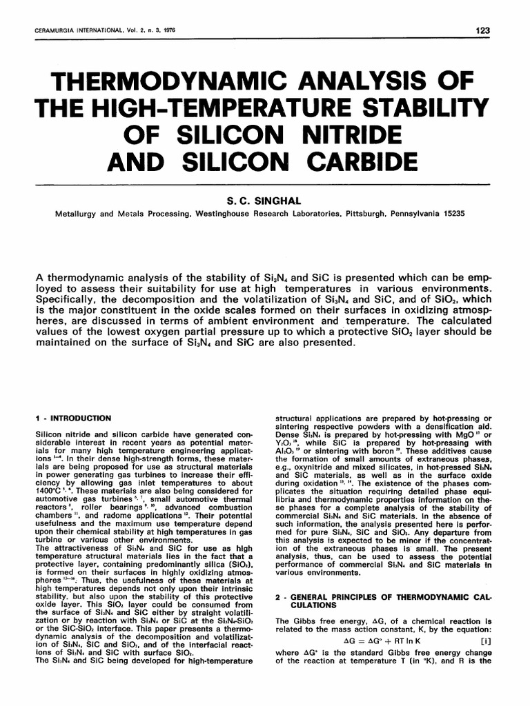 Thermodynamic Analysis of The High-Temperature Stability of and Silicon Silicon Nitride Carbide ...
