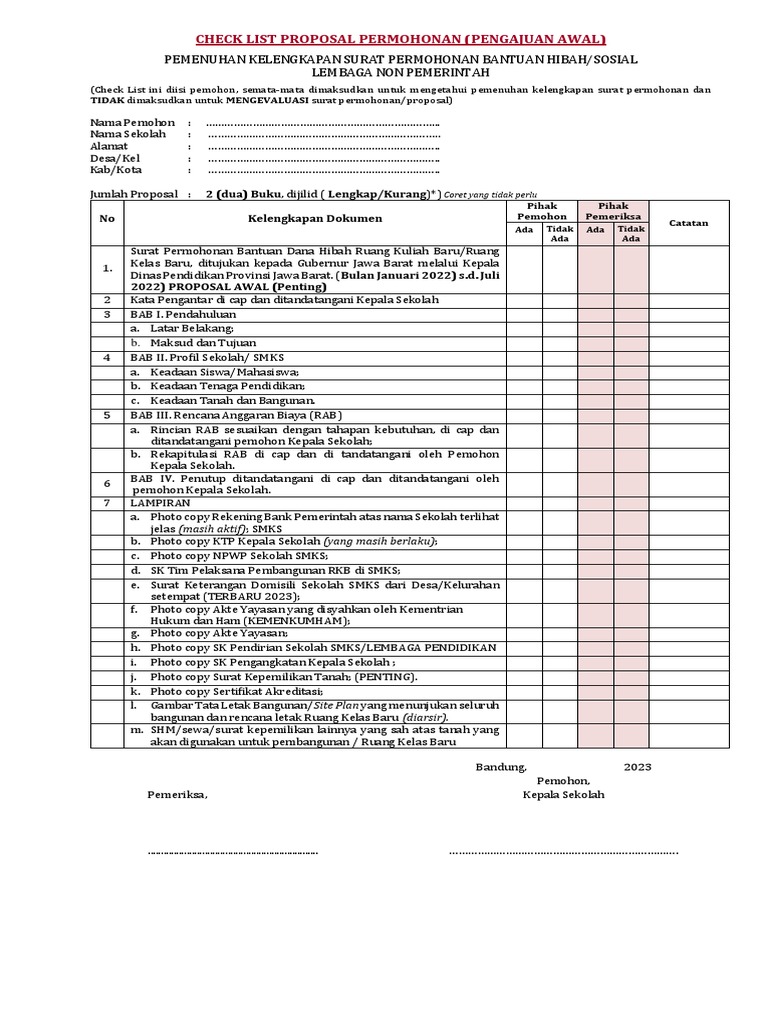 Checklist Proposal Pencairan Dana Hibah | PDF