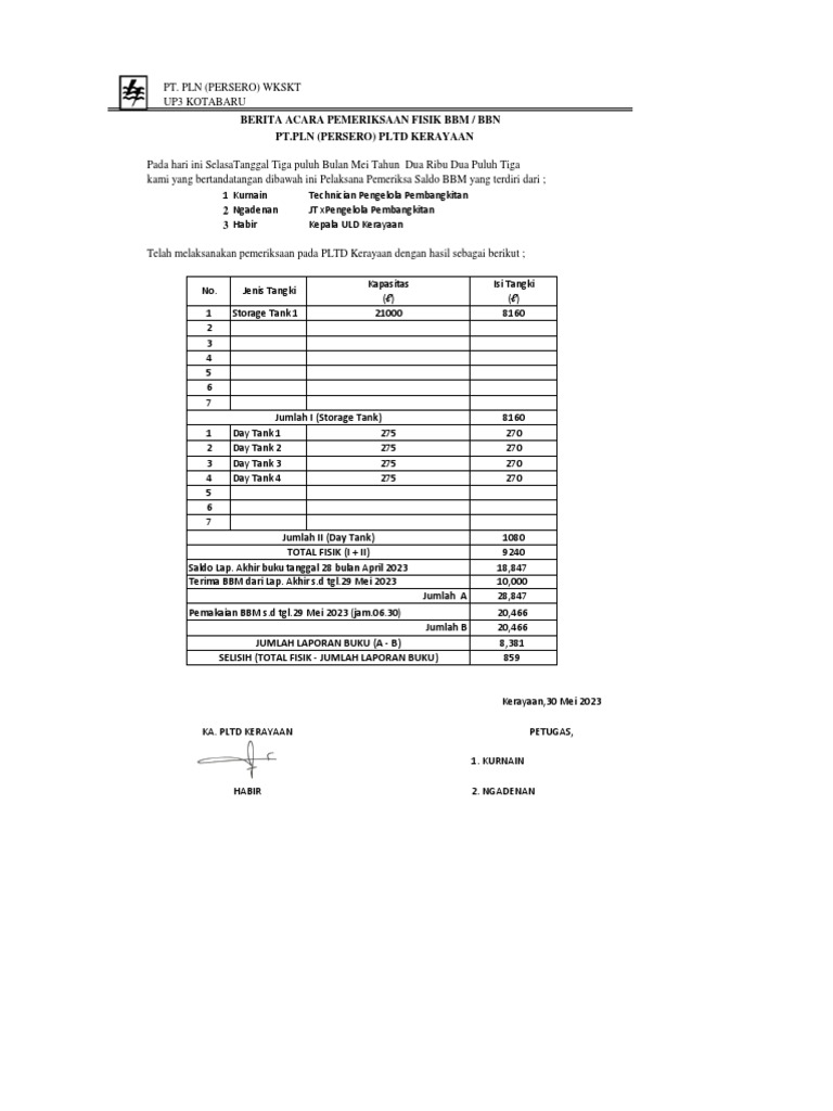 Laporan Pemeriksaan Saldo BBM PLTD | PDF