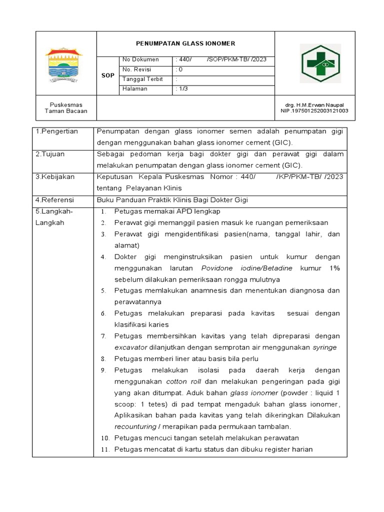 SOP Penumpatan Glass Ionomer OKE | PDF