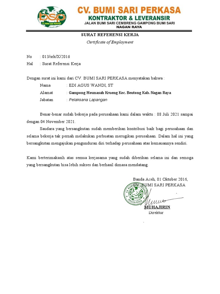 Surat Referensi Kerja | PDF