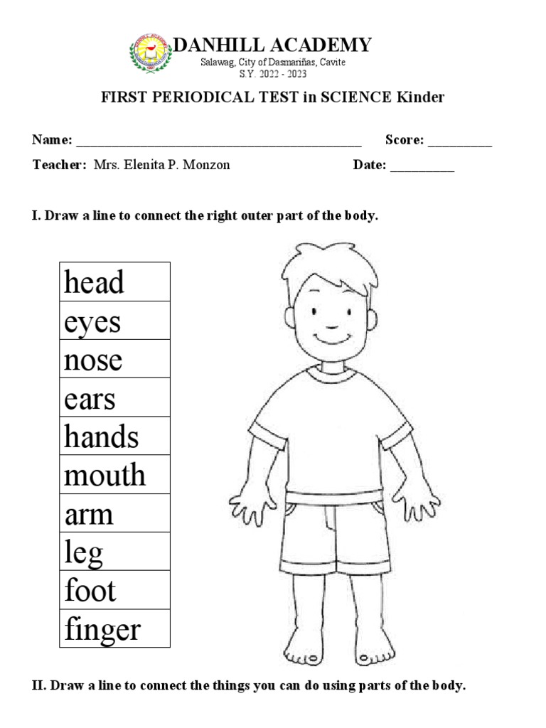 Kindergarten Science Test: Body Parts | PDF