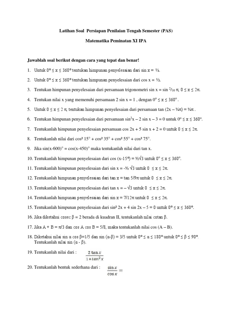 Latihan Soal Persiapan Penilaian Akhir Semester Matematika Peminatan XI IPA | PDF