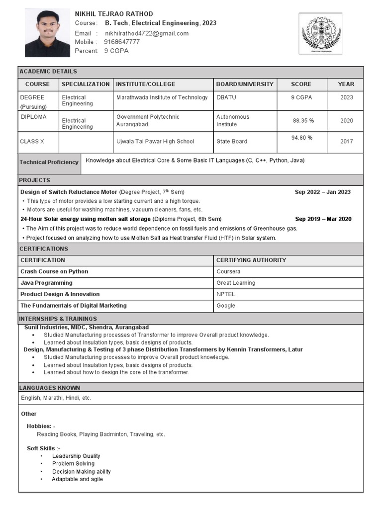 Resume Format | PDF | Electric Motor | Engineering