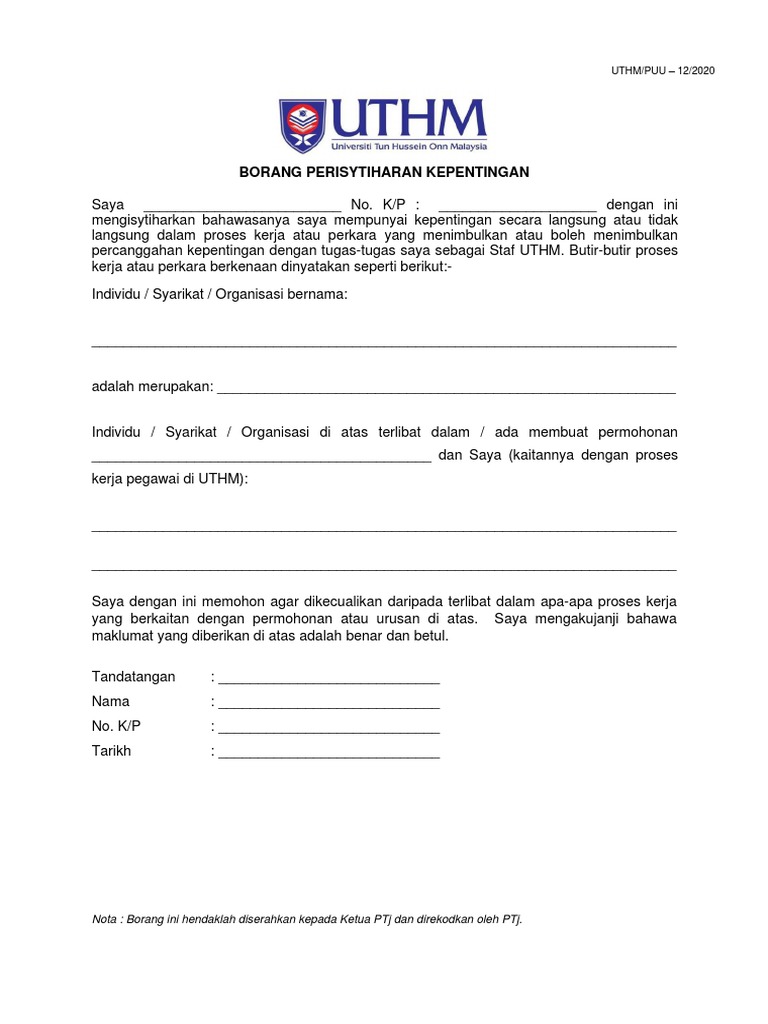 Borang Pengisytiharan Kepentingan UTHM (2) | PDF