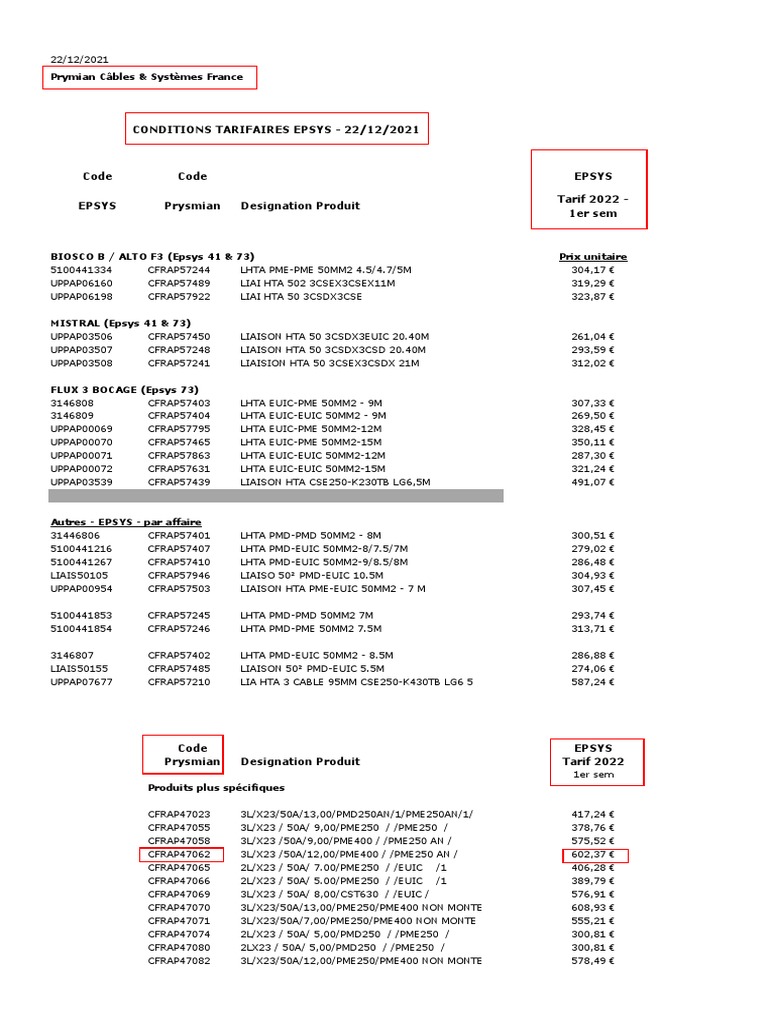 Prysmian-EPSYS Conditions Tarifaires 1er Sem 22 - 22 12 21 (7294) | PDF | Ciencia y matemáticas ...