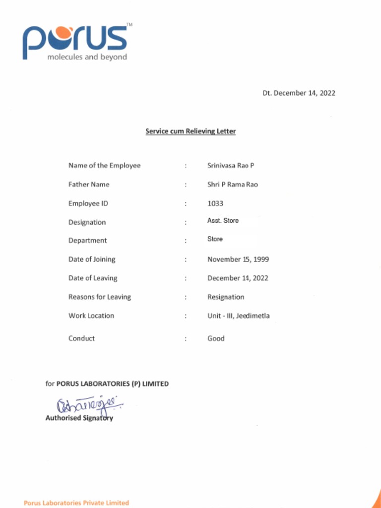 1033 Srinivasa Rao P Relieving (With Father Name Correction) | PDF