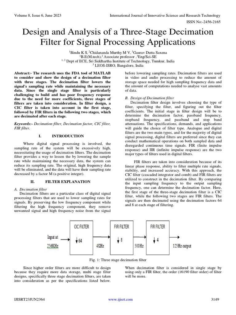 Design and Analysis of A Three-Stage Decimation Filter For Signal Processing Applications | PDF