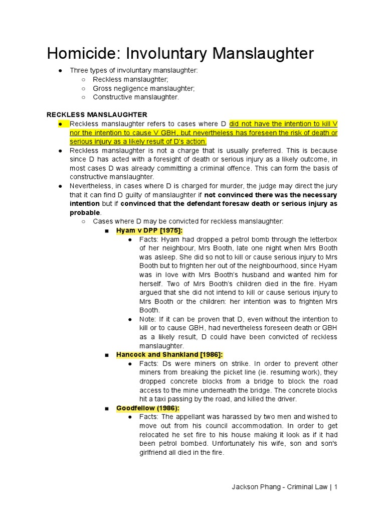 Types of Involuntary Manslaughter Explained | PDF | Manslaughter | Mens Rea
