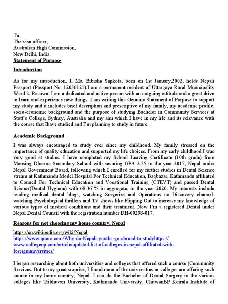 SOP of Bibisha Sapkota (Sop Sample Format For Australia) | PDF ...