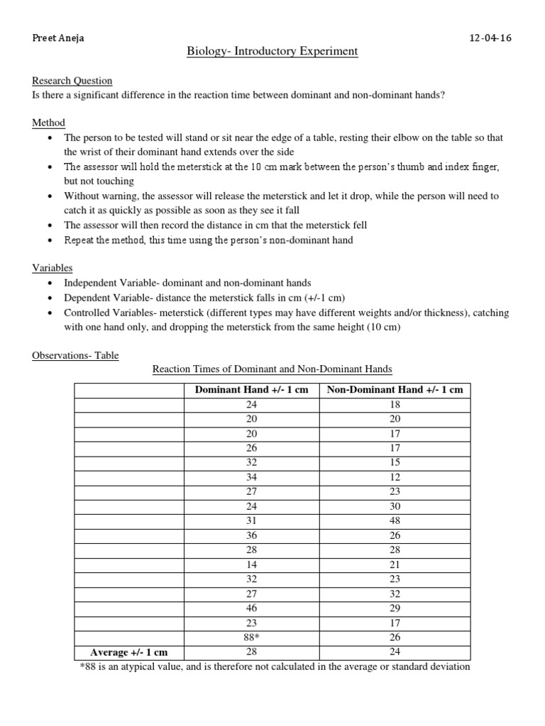 Biology-Introductory Experiment: Dominant Hand +/ - 1 CM Non-Dominant ...
