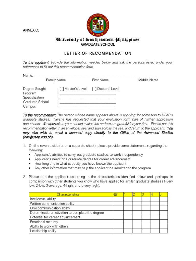 ANNEX C - Letter of Recommendation USEP | PDF | Postgraduate Education ...