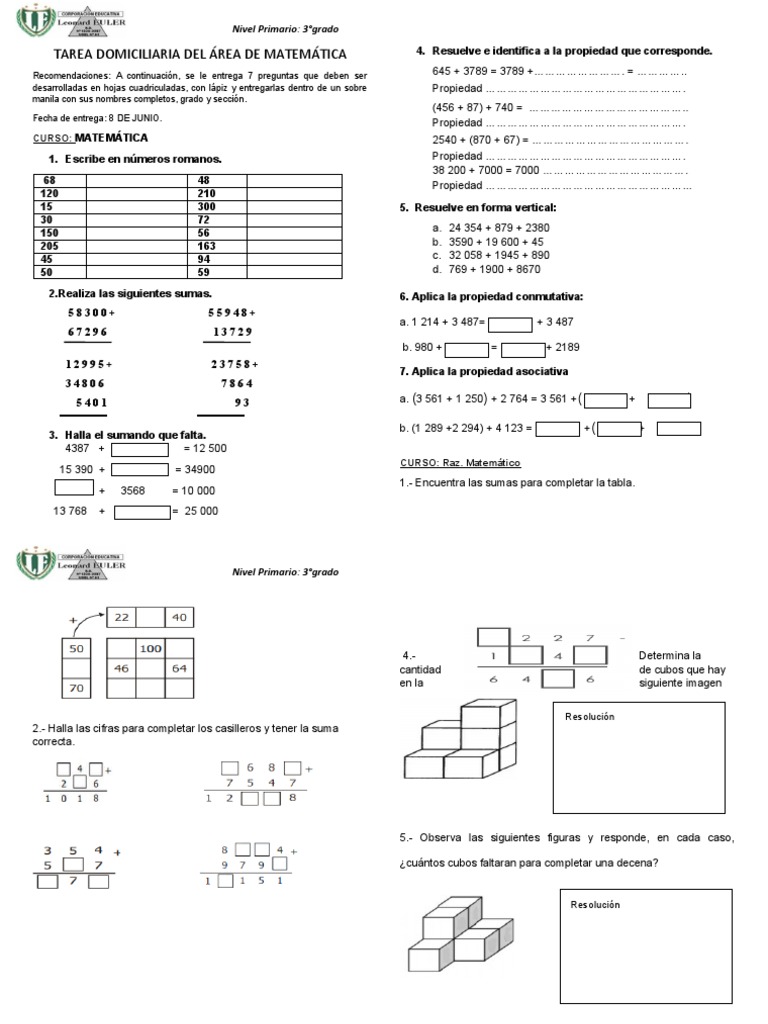 Tarea de Matemáticas 3° Grado Primaria | PDF
