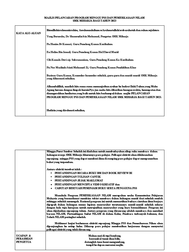 Teks MC Program Minggu PSS 2023 | PDF