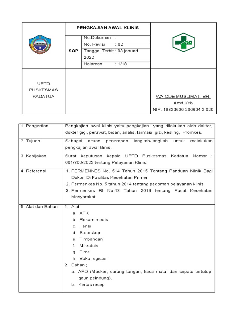 3.2.1.a2 SOP PENGKAJIAN AWAL KLINIS | PDF | Pengembangan Diri | Kesehatan Holistik