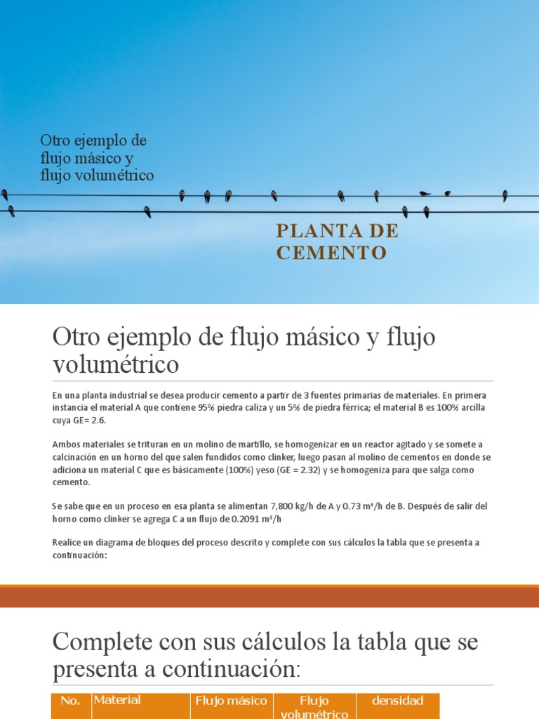 Ejemplo Flujo Masico y Volumetrico CEMENTO | PDF | Cemento | Albañilería
