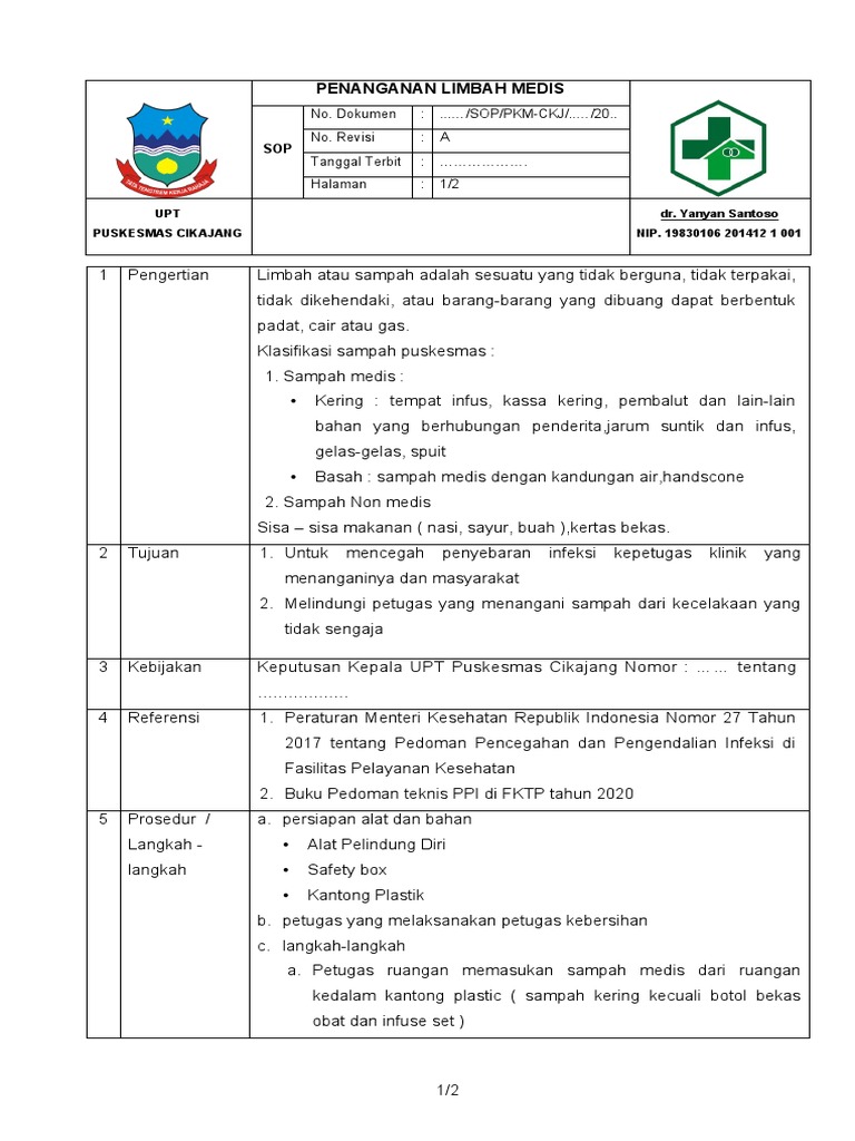 SOP PENANGANAN LIMBAH MEDIS (1) | PDF
