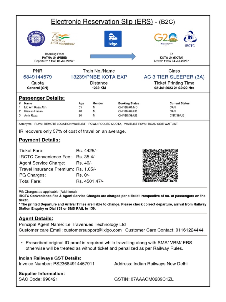 Electronic Reservation Slip (ERS) : 6849144579 13239/pnbe Kota Exp Ac 3 ...