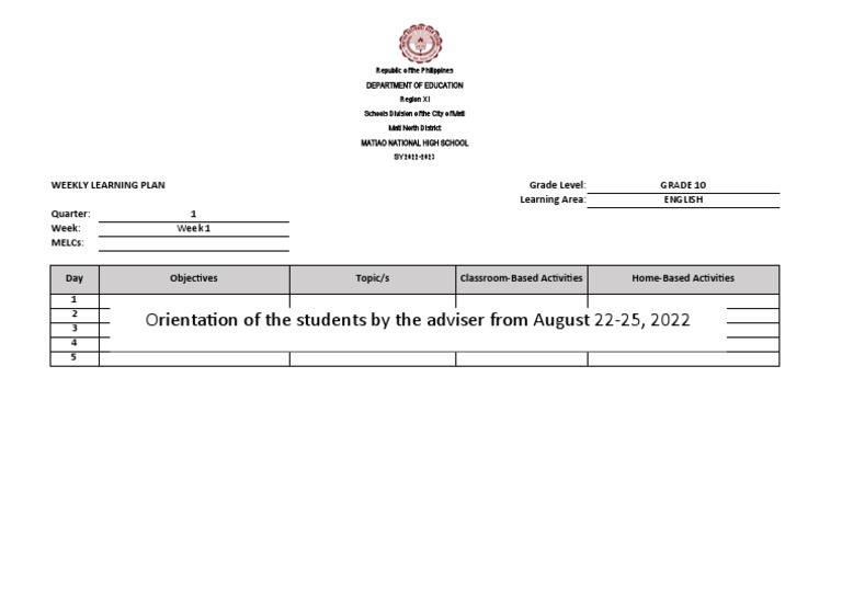 Weekly Learning Plan (2022-2023) | PDF