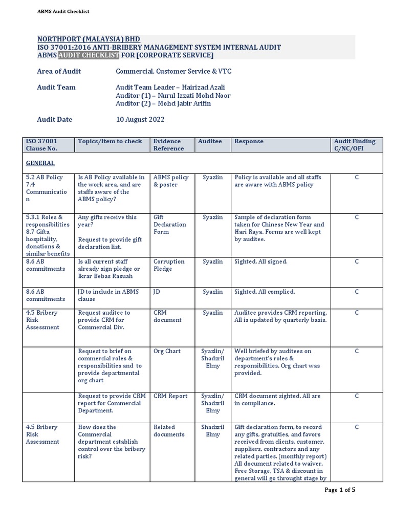 ABMS Audit Checklist for ISO 37001 | PDF