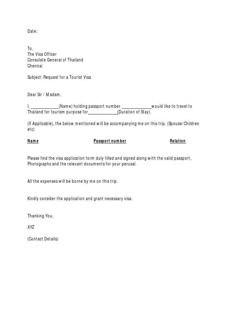 Thailand Tourist Visa Application Letter | PDF