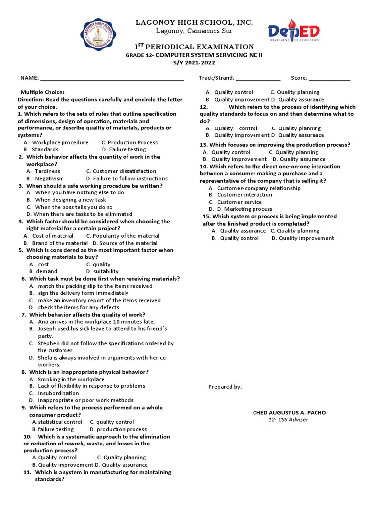 1ST Periodical Test Paper CSS 12 | PDF | Quality Assurance | Behavior