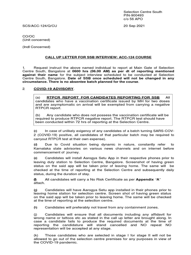 Call Up Letter Scs Banglore For Acc 124 | PDF | Identity Document