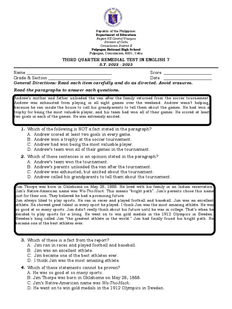 3rd Quarter REMEDIAL TEST | PDF