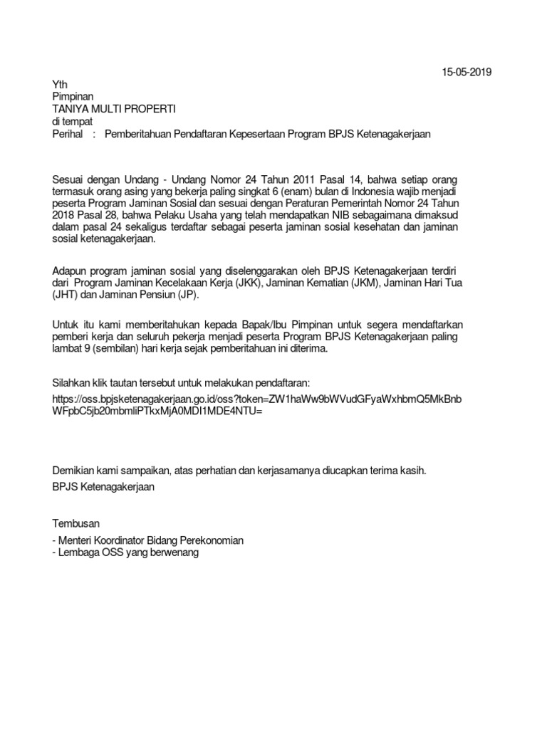 Surat Pemberitahuan Pendaftaran Kepesertaan Program BPJS Ketenagakerjaan | PDF