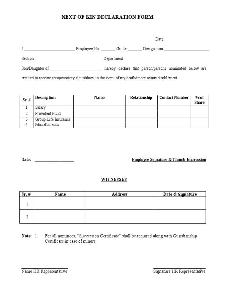 Next of Kin Declaration Form | PDF
