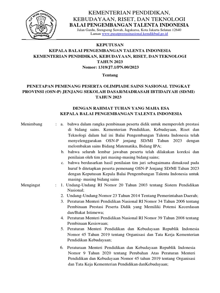 SK Pemenang OSN-P SD 2023 PDF | PDF