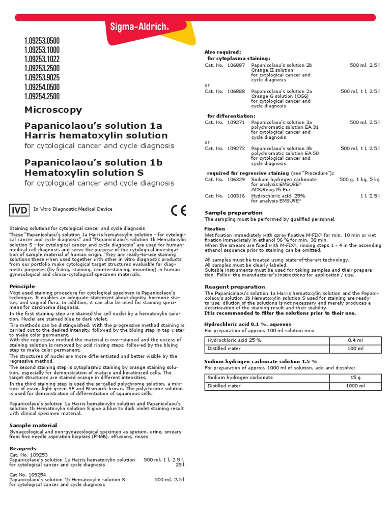 5. Papanicolaou's solution 1a Harris' hematoxylin solution 109253 | PDF | Staining | Cytopathology