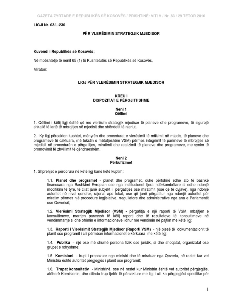 Ligji Nr. 03 L-230 P R Vlerësimin Strategjik Mjedisor | PDF