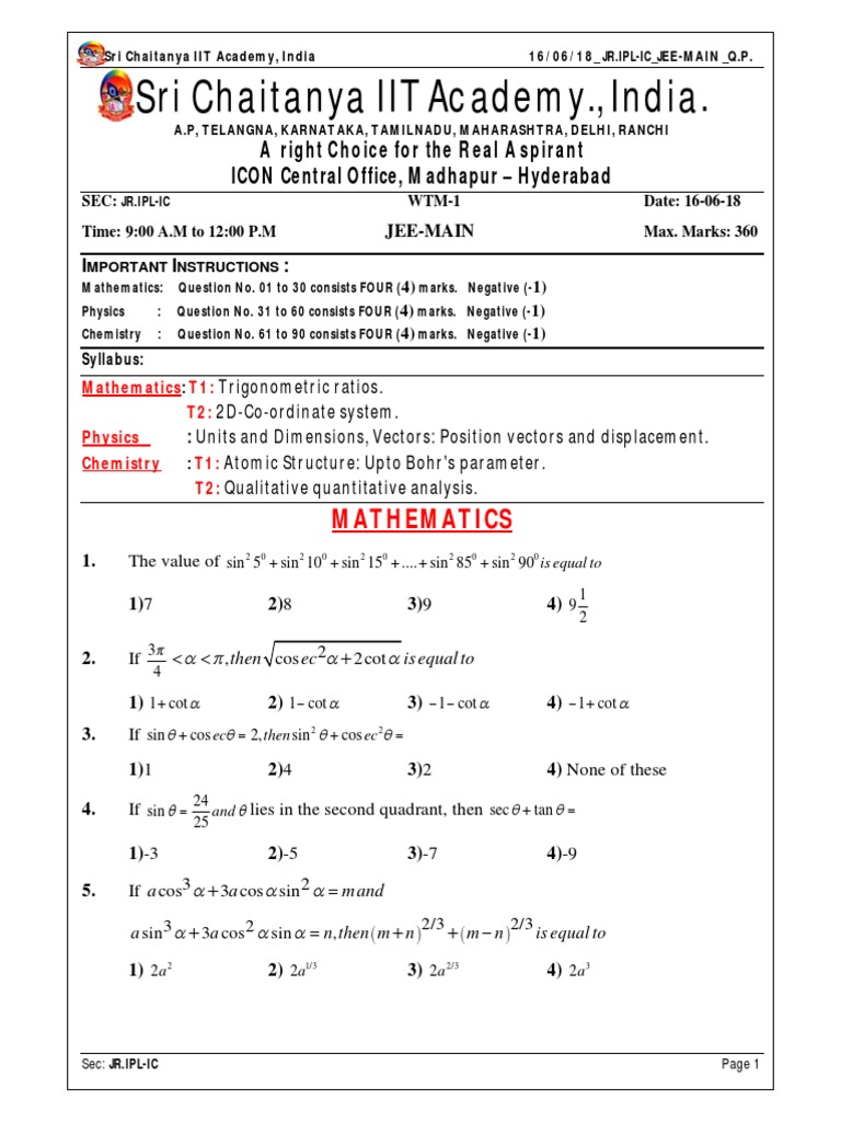 Sri Chaitanya IIT Academy., India.: Mathematics | PDF | Teaching ...