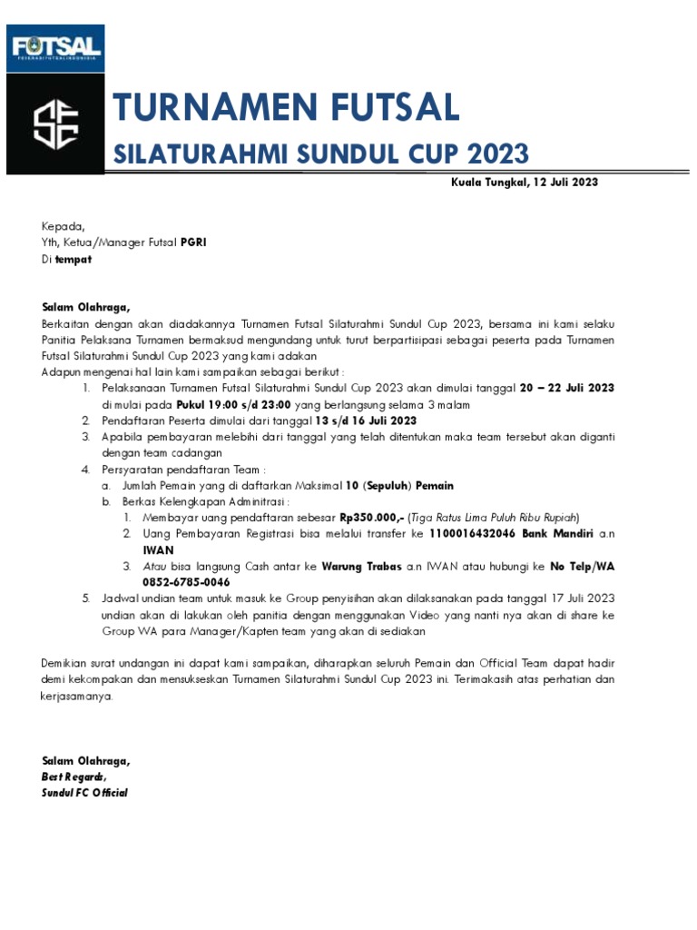 Undangan Turnamen Futsal Sundul Cup 2023 | PDF | Olahraga & Rekreasi
