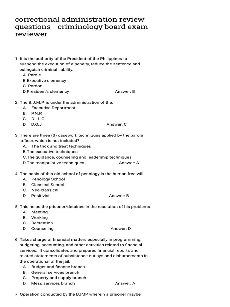 Correctional Administration Review Questions - Criminology Board Exam ...